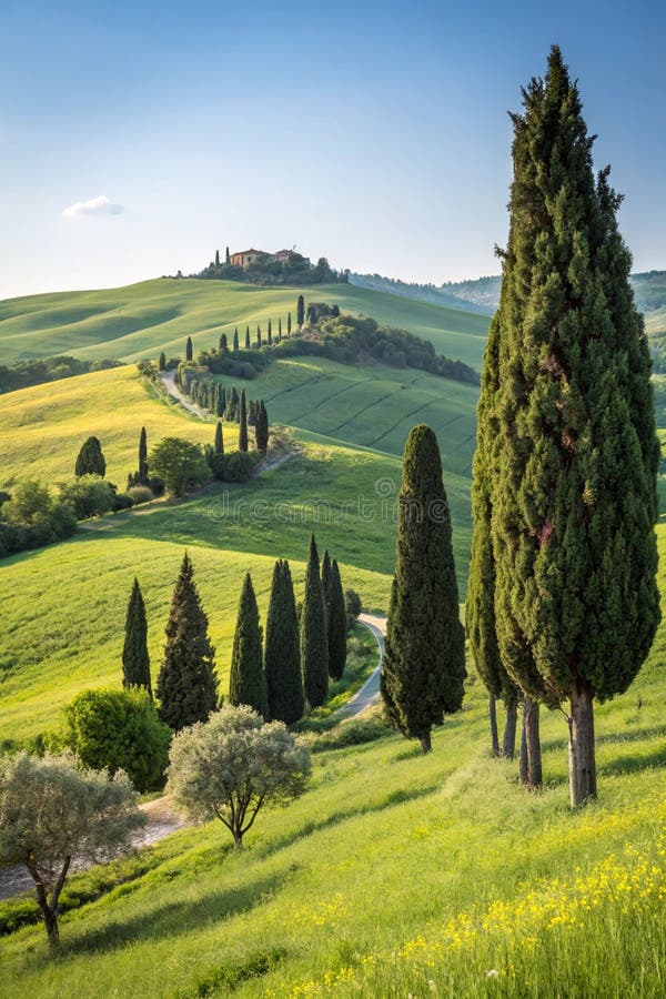 Vector Illustration of Italian Countryside Hills and Cypress Trees ...