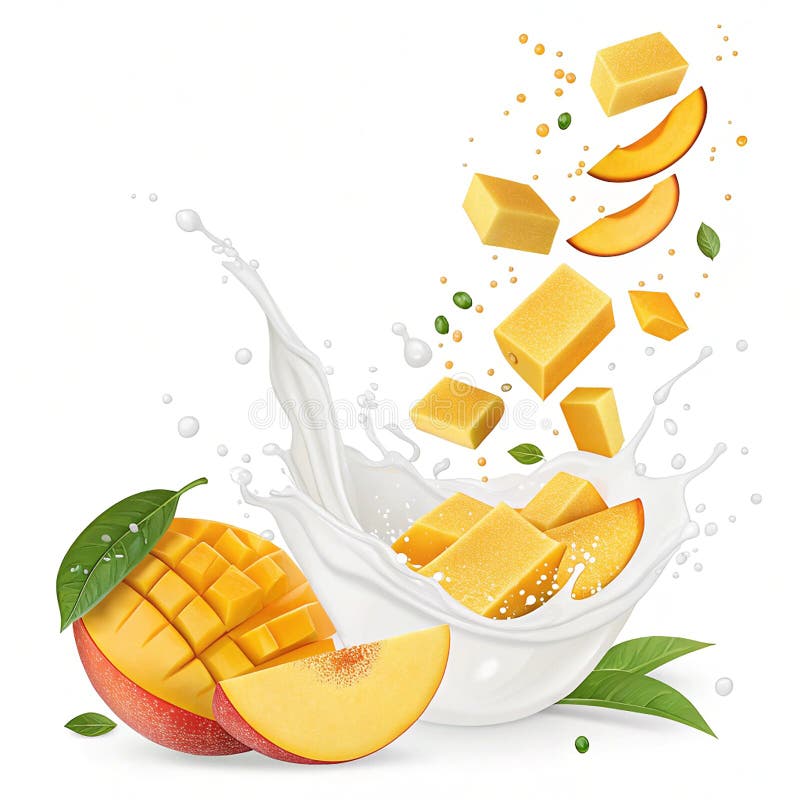 Juice, Milk, and Yogurt with Mango Cubes Splashing Stock Illustration ...