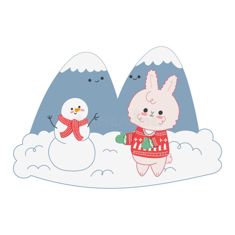 Illustration of Kawaii Rabbit Making a Snowman in Winter. Winter ...