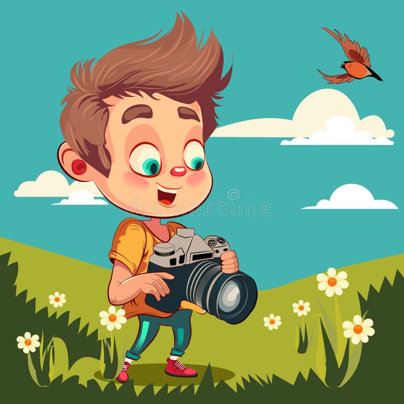 Vector Illustration of a Kid Boy Taking Pictures Using a Digital Camera ...