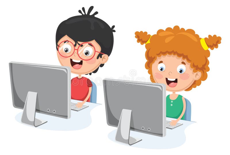 Computer with Cartoon Kids and Dog Stock Vector - Illustration of ...