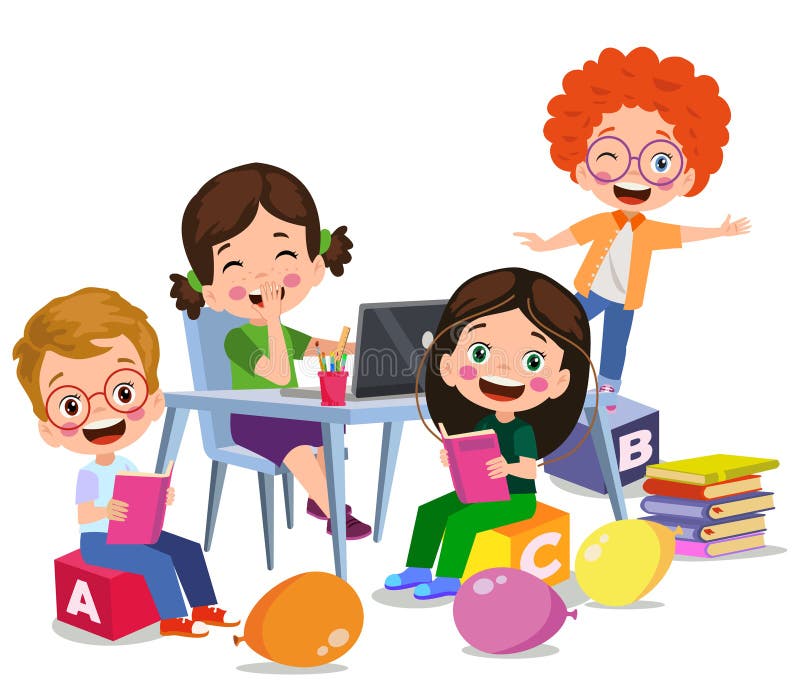 Vector Illustration of Kids with Computer and with a Friend Stock ...