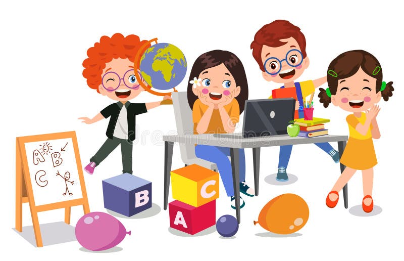 Vector Illustration of Kids with Computer and with a Friend Stock ...