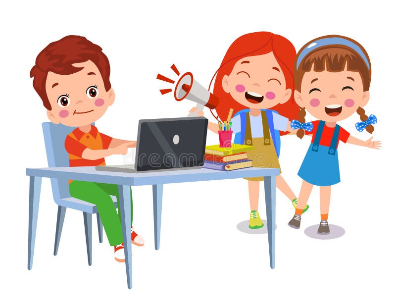 Vector Illustration of Kids with Computer and with a Friend Stock ...