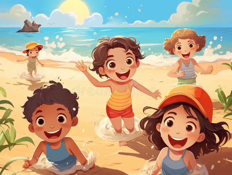 Vector Illustration Kids Having Fun on the Beach Stock Illustration ...