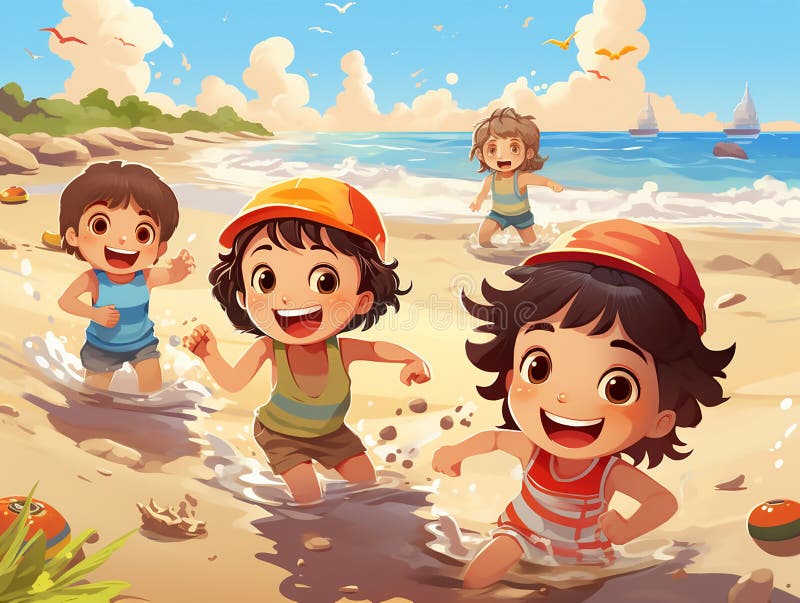 Vector Illustration Kids Having Fun on the Beach Stock Illustration ...