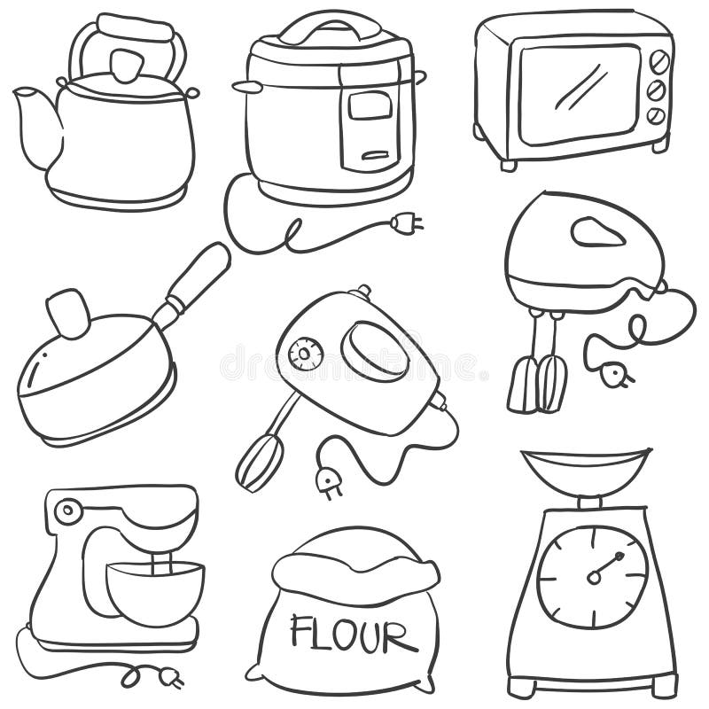 Kitchen Set Hand Draw Cartoon Doodles Stock Vector - Illustration of ...