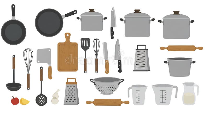 Assorted Kitchenware Illustration with Cookware, Utensils, and Food ...