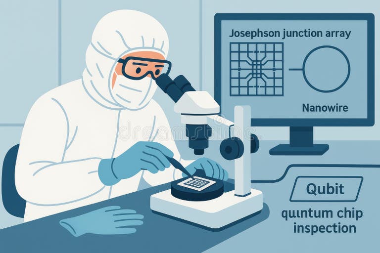 Vector Illustration of a Lab Technician Inspecting Superconducting Chip ...