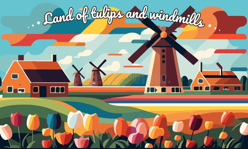 Vector Illustration of a Landscape with Dutch Tulips and Windmills. for ...