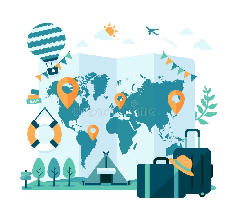 Vector Illustration of a Large World Map and Vacation Stock Vector ...