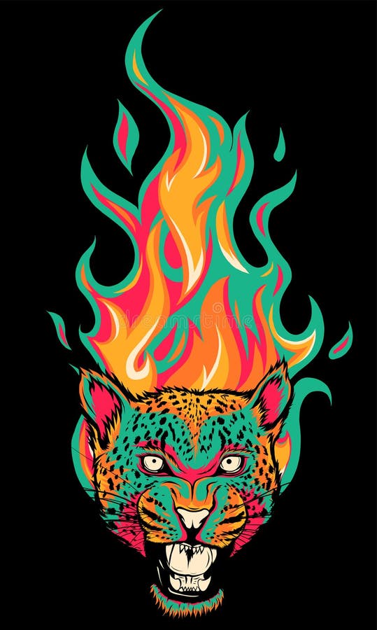Vector Illustration of Leopard Head with Fire on Black Background Stock ...