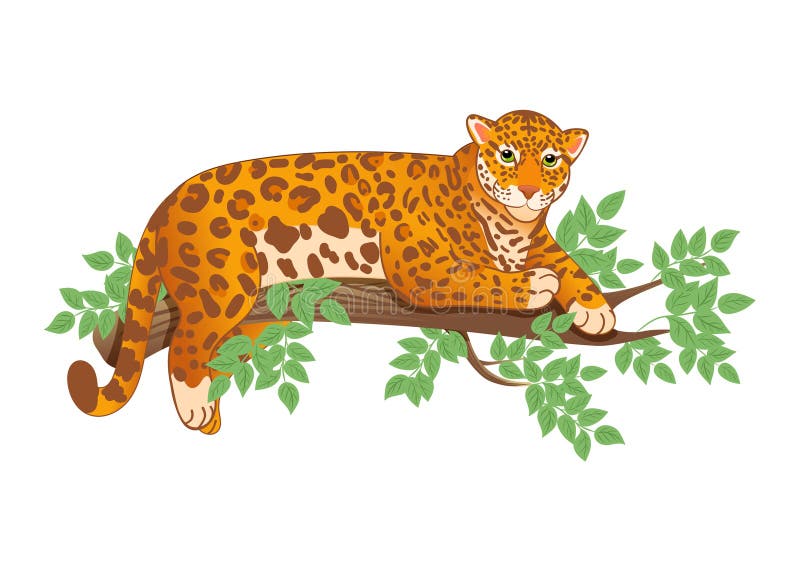Vector Illustration of a Leopard or Jaguar Lying on a Tree in a Cartoon ...