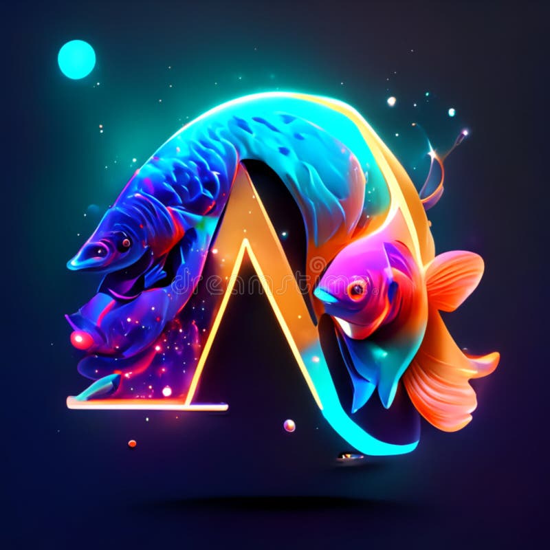 Vector Illustration of Letter a with Fish in Neon Style on Dark ...