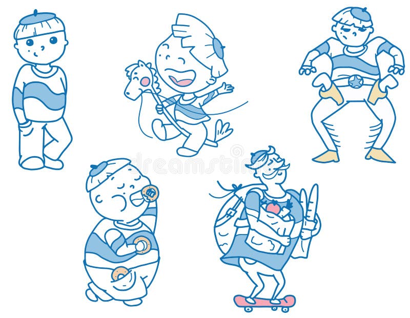 Vector Illustration in Linear Style. Five Male Characters in Blue ...