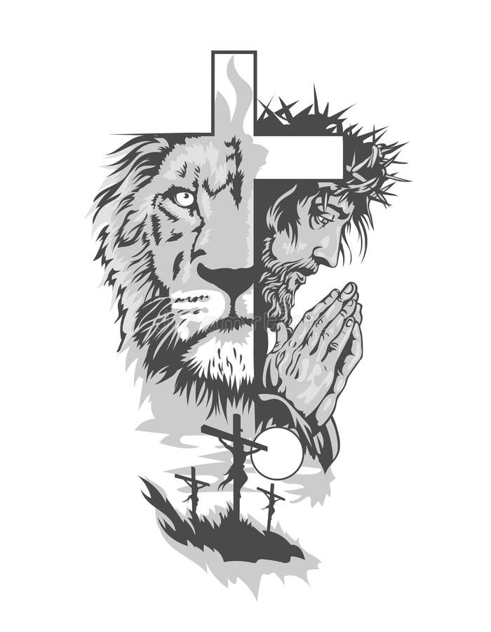 Vector Illustration Of Lion And Crucifix Tattoo Stock Vector