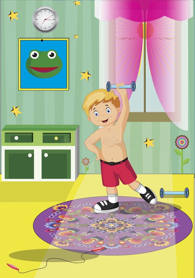 Vector Illustration of a Little Boy Doing Morning Exercise with ...