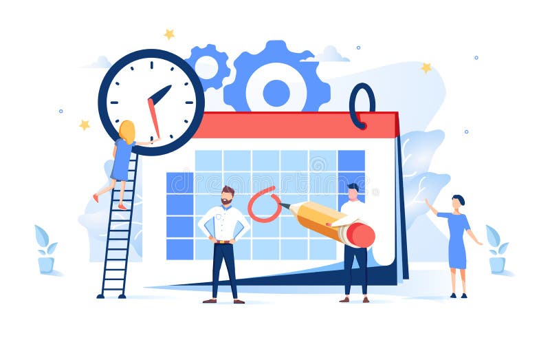 Vector Illustration. Little People Characters Make an Online Schedule ...