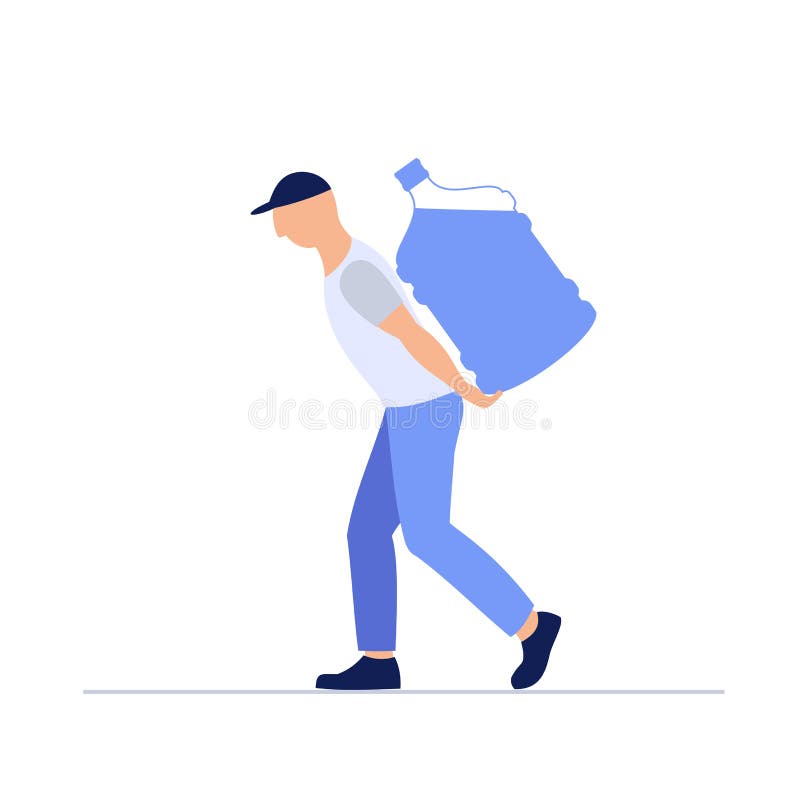 Vector Illustration Loader Man Moves Large Bottle of Water on Trolley ...