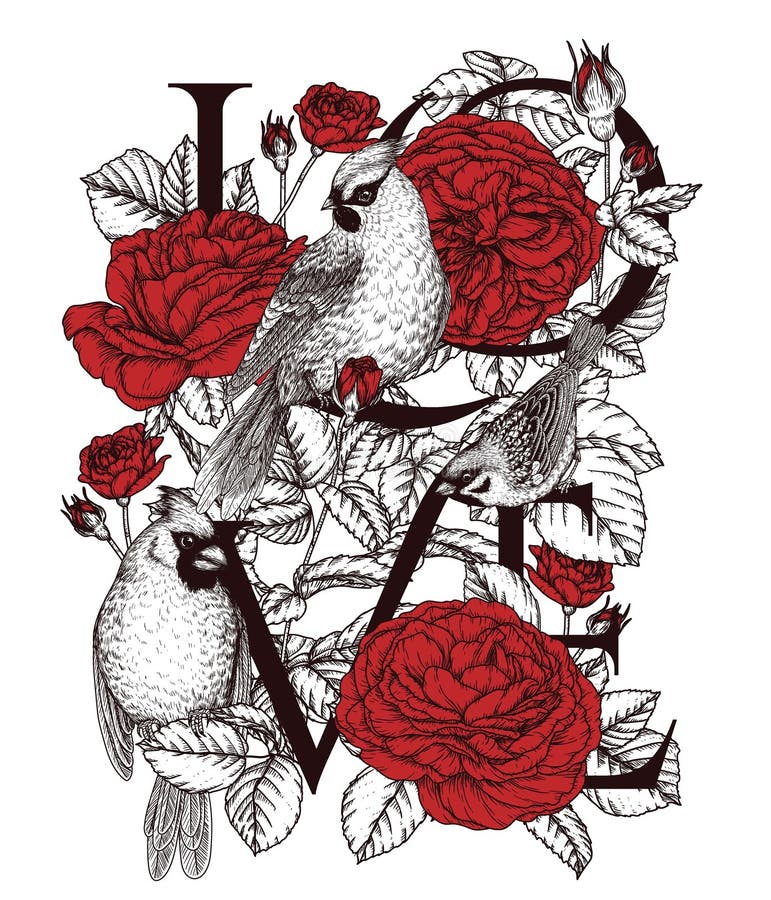 Vector Illustration of Love with Birds and Rose Flowers Stock ...
