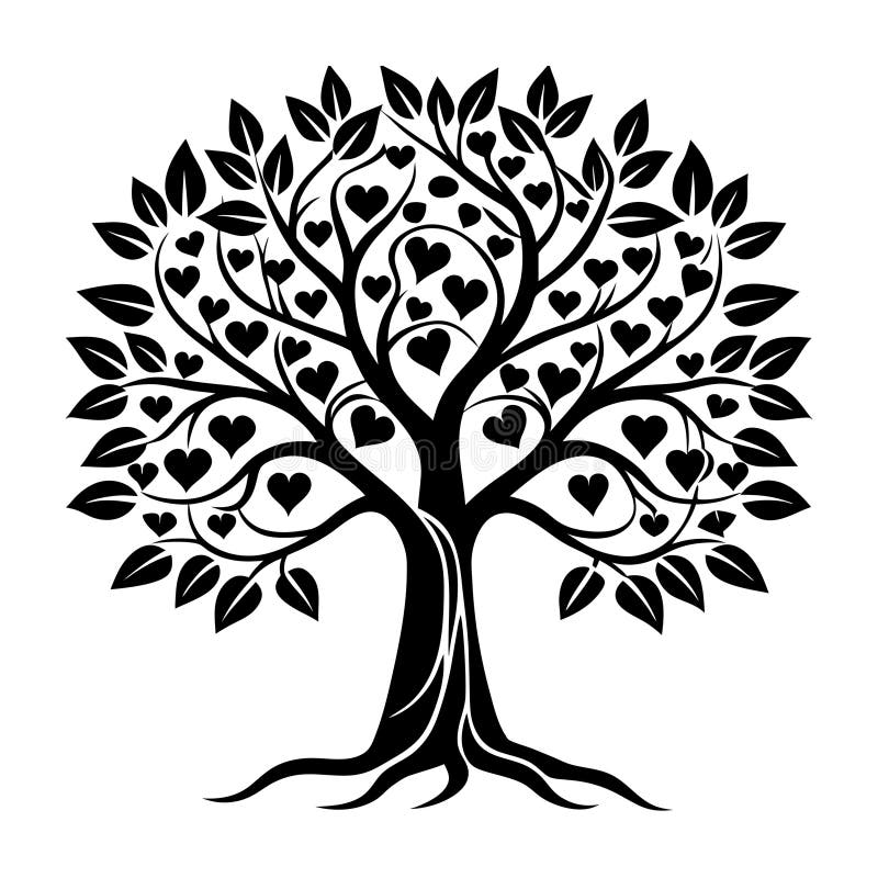 Love Tree Vector Illustration with Heart Leaves and Silhouette Trunk ...