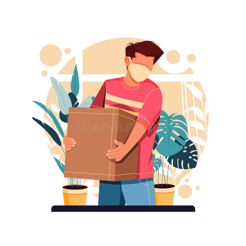 Vector Illustration of Male Character Portrait Carrying Box, Flat ...
