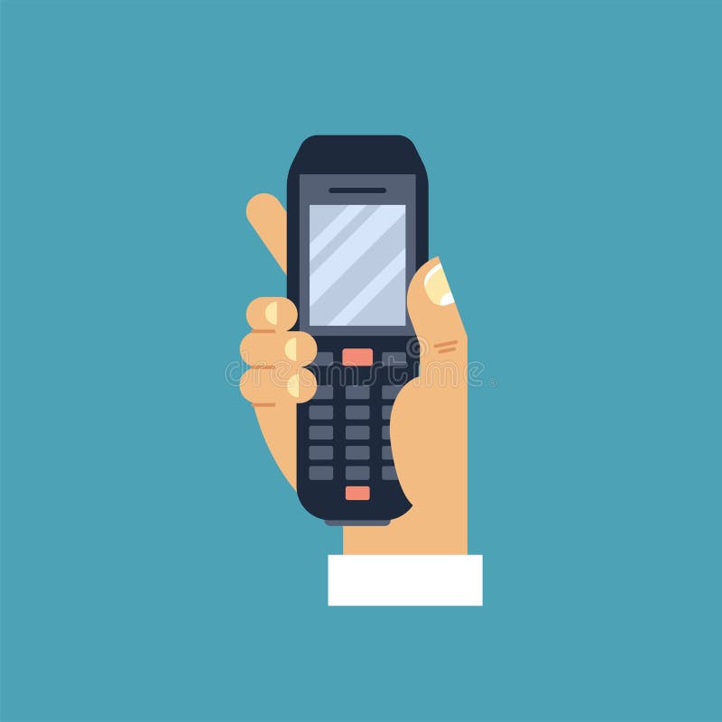 Vector Illustration Male Hand Holding Mobile Bar Code Scanner or Reader ...