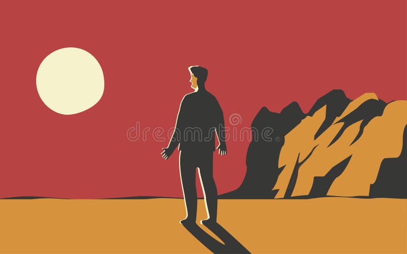 Vector Illustration of a Man Alone Looking at the Sun or To the Moon ...