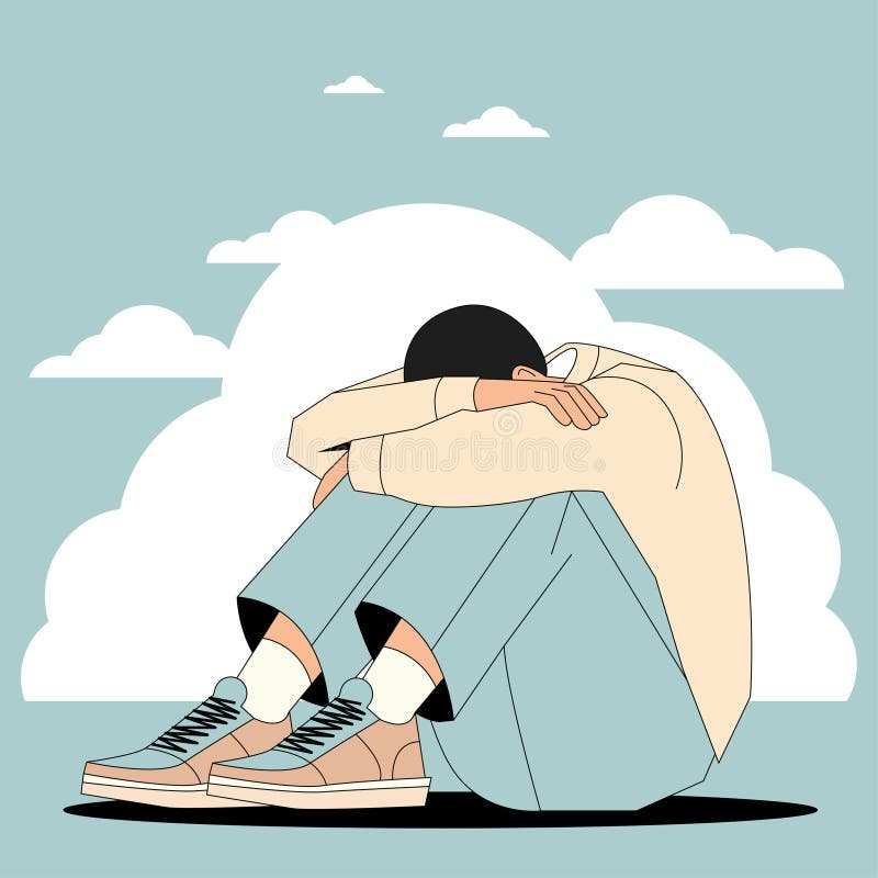 Vector Illustration a Man Depression is Sitting on the Ground Stock ...