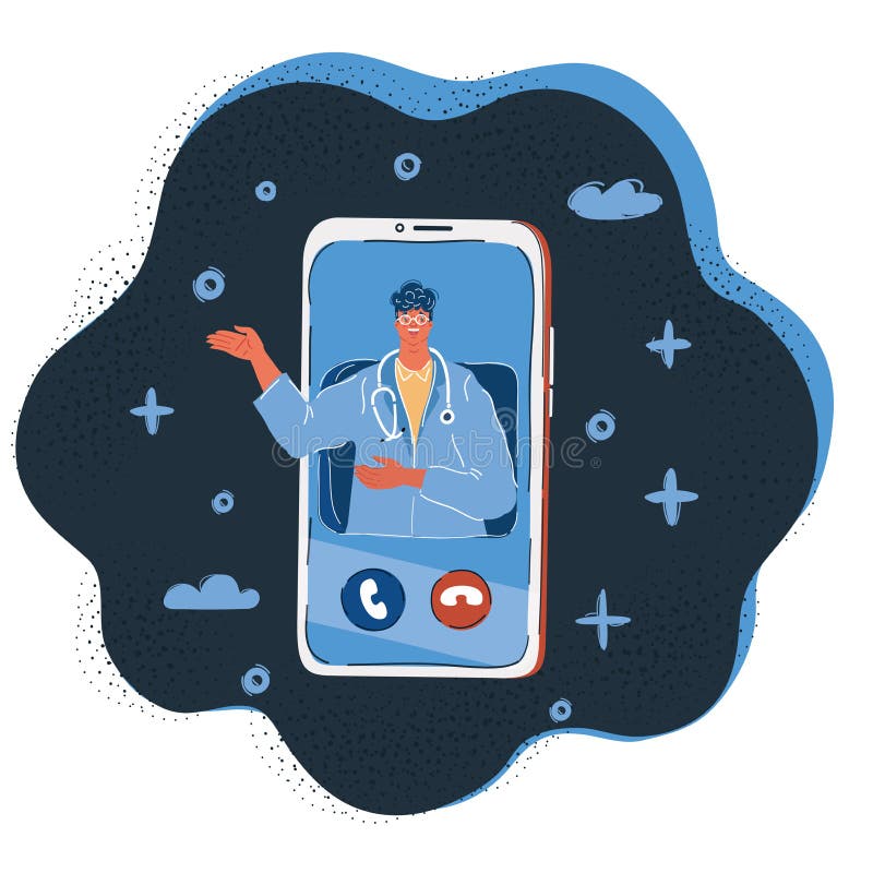 Vector Illustration of Man Doctor on Screen Phone on Dark Backround ...