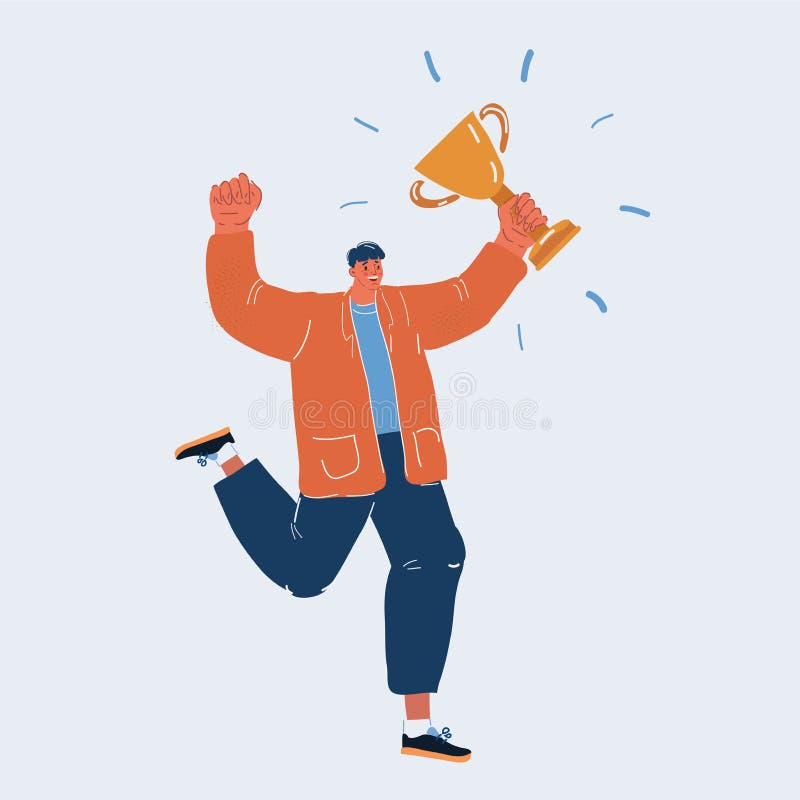 Vector Illustration of Man Holding Gold Trophy and Jumping, Dancing ...