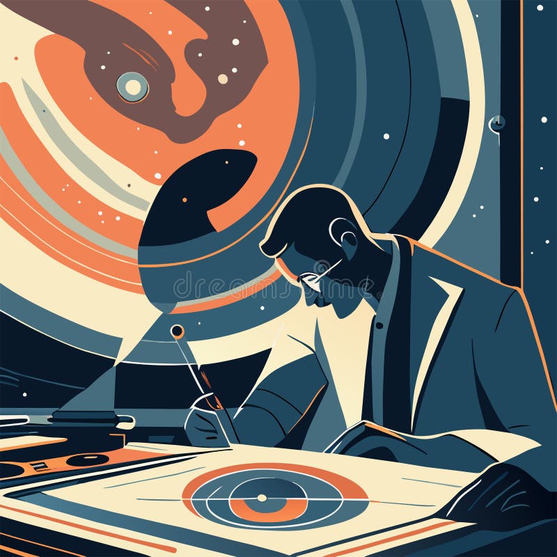 Vector Illustration of a Man Playing Vinyl Record in Space. Retro Style ...
