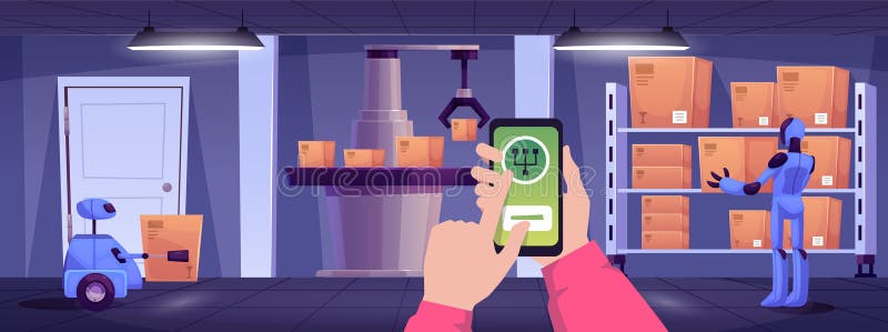 Vector Illustration of a Man S Hands with a Phone Controlling Robots in ...