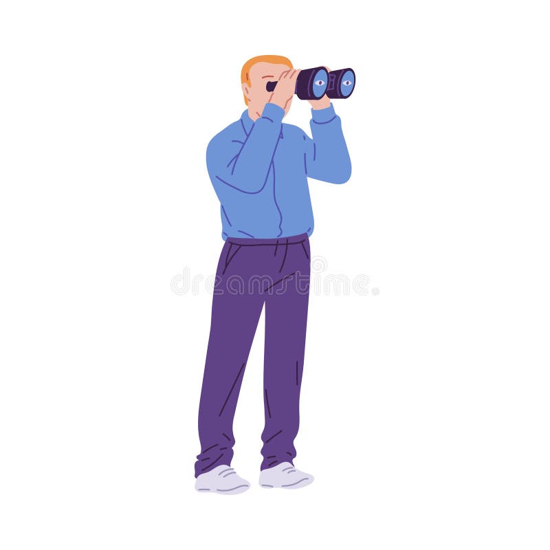 Vector Illustration of a Man, Side View and Looking through Binoculars ...