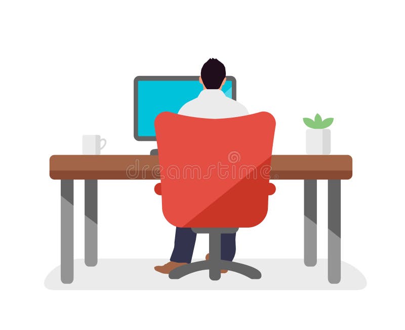 Vector Illustration of a Man Sitting on a Chair and Working Back View ...