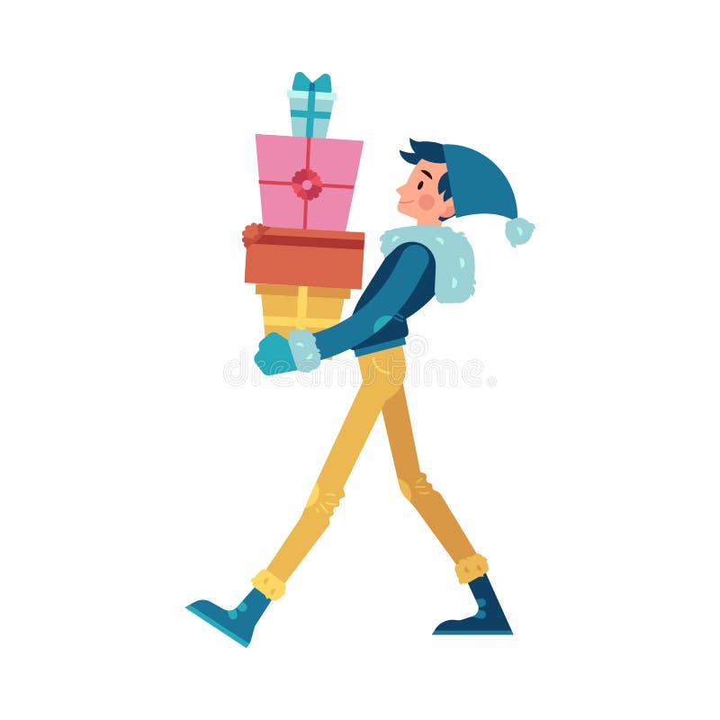 Vector Illustration of Man with Stack of Present Boxes in Flat Cartoon ...
