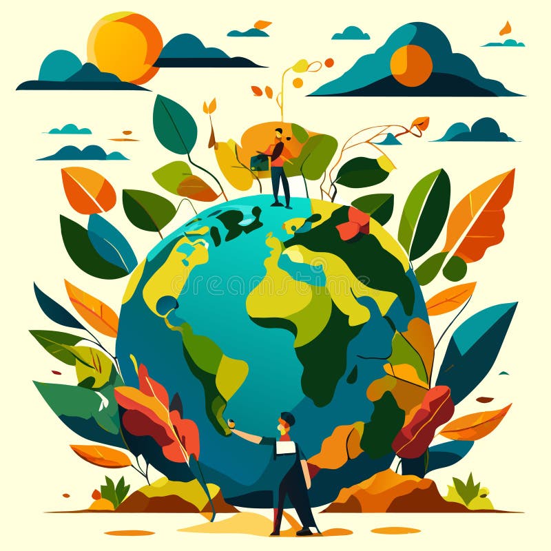 Vector Illustration of a Man Standing on the Planet Earth Surrounded by ...