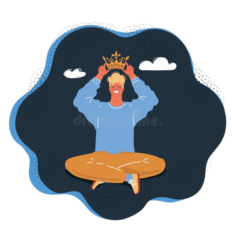 Vector Illustration of Man Thinking he is King and Put Crown on His ...
