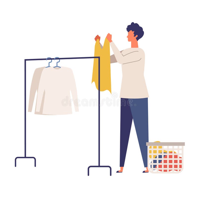 Vector Illustration Of Man Using A Hanging The Laundry. Man Doing ...