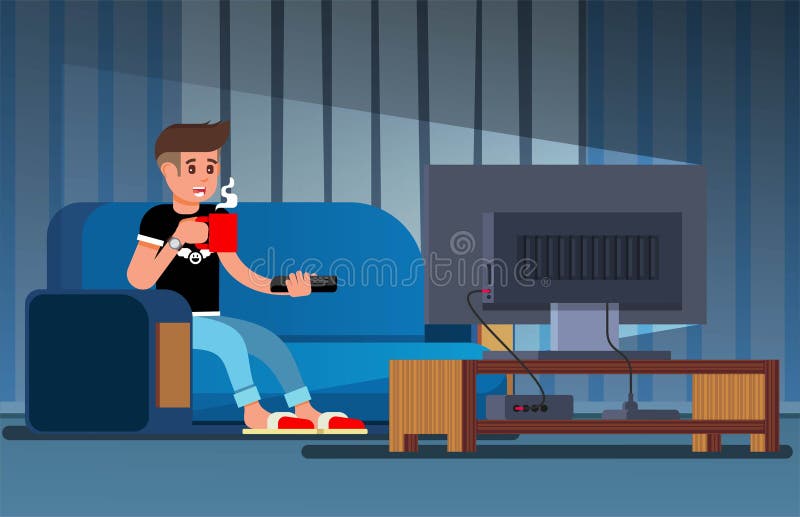 Vector Illustration Man Watching Television Couch TV Stock Illustration ...