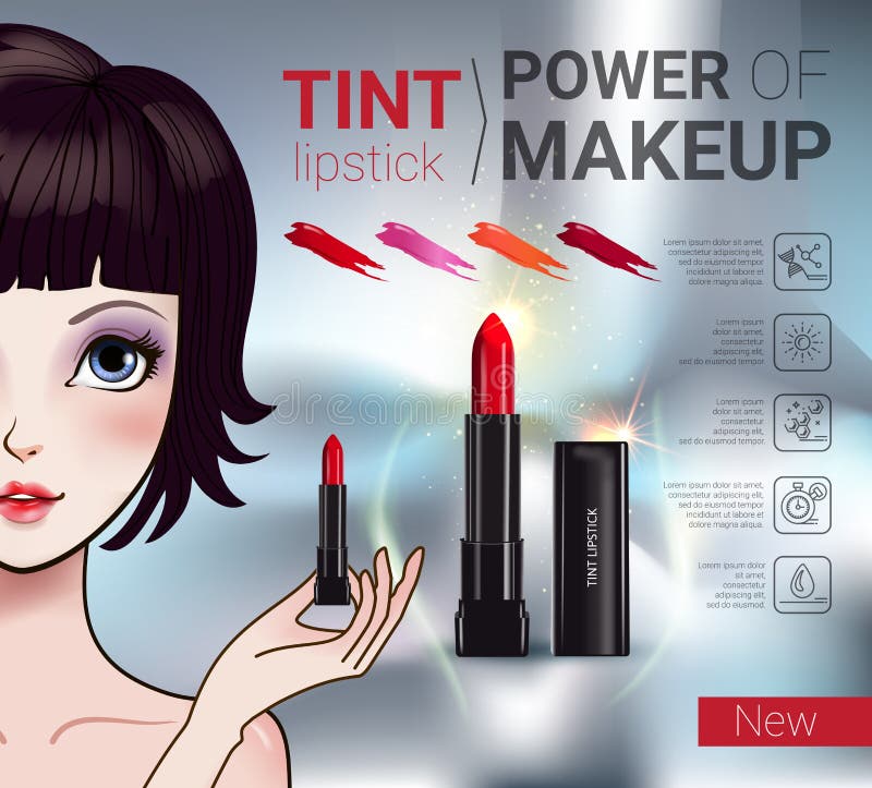 Vector Illustration With Manga Style Girl And Makeup Lipstick Product