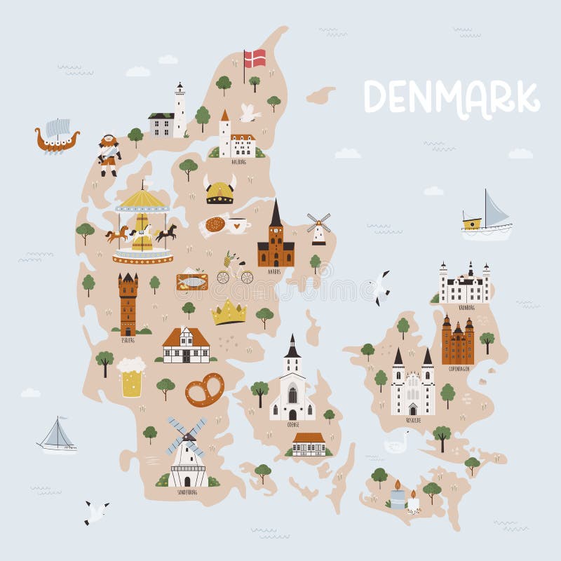 Vector Illustration of Map of Denmark with Famous Cities and ...