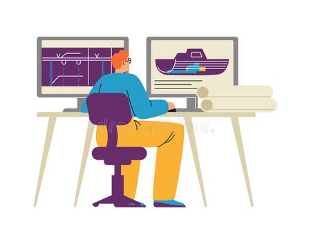 Vector Illustration with a Marine Engineer Working at a Computer on ...