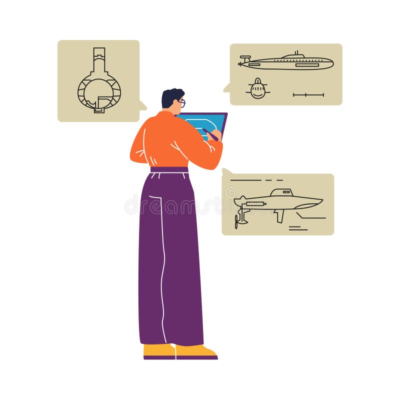 Vector Illustration with a Marine Engineer Working on Diagrams of a ...