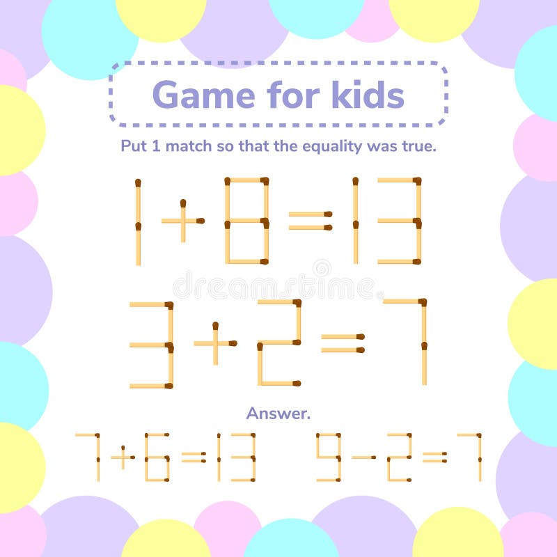 Illustration. Math Game for Kids. Put 1 Matchstick so that the Equality ...