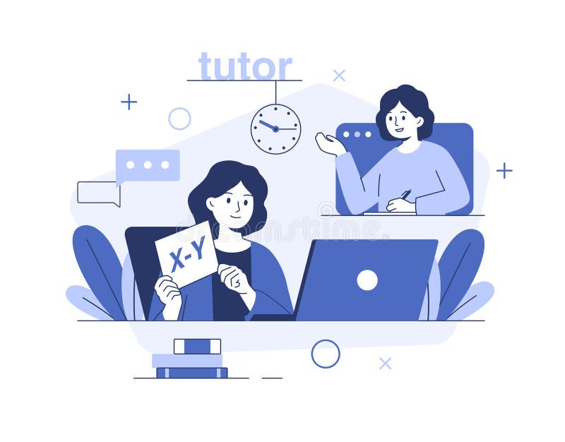 Vector Illustration of a Math Tutor Sitting in Front of a Laptop and ...