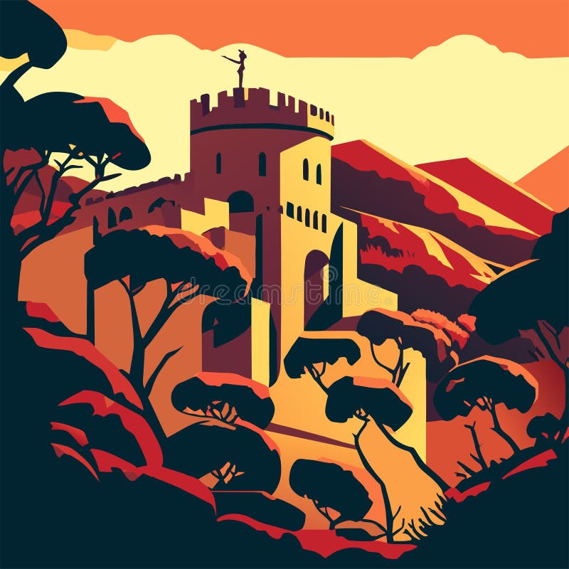 A Vector Illustration of a Medieval Castle with Trees and Mountains in ...