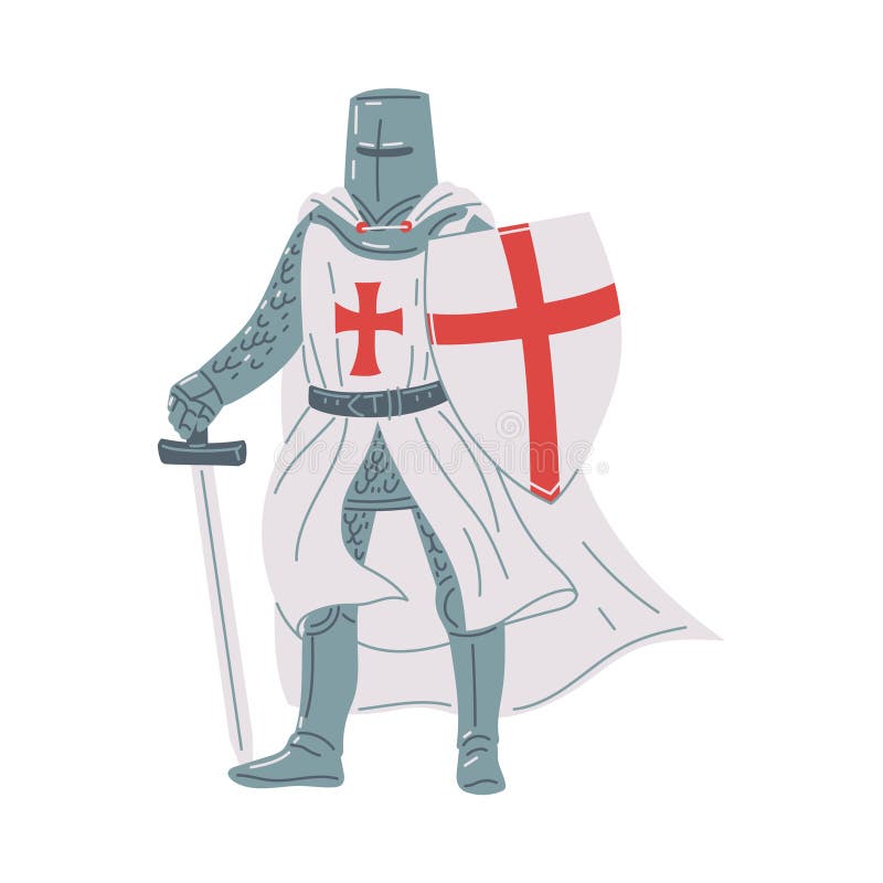 Vector Illustration of Medieval Knight in a White Cloak and Wearing ...