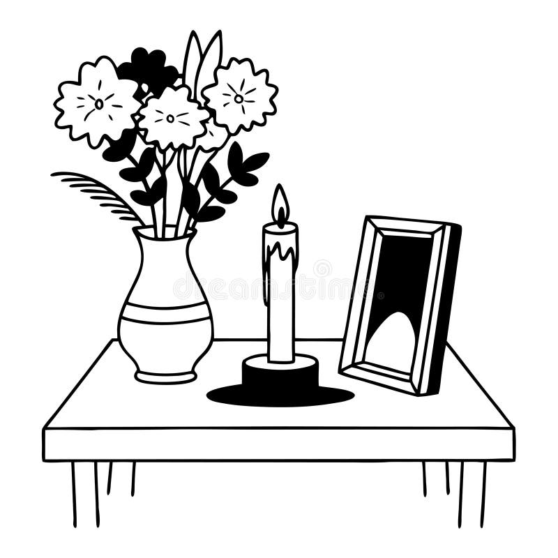 Vector Illustration Memorial Table Setup with Flowers Candle and ...