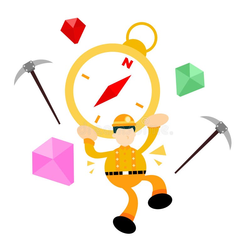 Miner Worker and Gold Compass Exploration Cartoon Doodle Flat Design ...